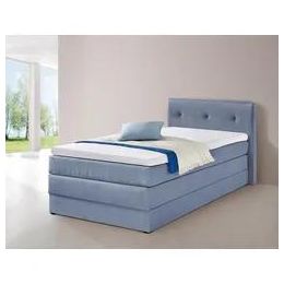 Boxspringbett Hapo, blau (hellblau), Liegefl&auml;che B/L: 100cm x 200cm, kein H&auml;rtegrad, 7-Zonen-Kaltschaummatratze, Kopfteil, seitliche Unterbox und Obermatratze sind mit pflegeleichtem Feinstrukturstoff in Leinenoptik (100% Polyester) bezogen;Die Oberseite der Unterfederung und die Ober- und Unterseite der Obermatratze sind jeweils mit einem rutschhemmenden Stoff aus 100% Polyester bespannt., Komple