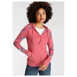 Kapuzensweatjacke Kangaroos, Damen, Gr. 40/42, lila (himbeere), Interlock, Obermaterial: 100% Baumwolle, bedruckt, kontrastfarbene Details, unifarben mit Farbeinsatz, figurbetont h&uuml;ftbedeckend, Raglan&auml;rmel Rippb&uuml;ndchen mit Daumenl&ouml;chern, Sweatjacken, h&uuml;ftbedeckende L&auml;nge, figurbetonte Passform, mit Kordelzug