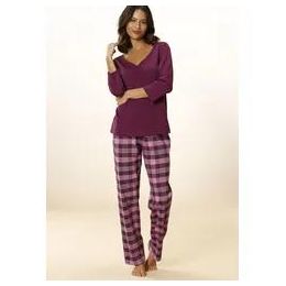 Pyjama Vivance DREAMS, Damen, Gr. 36/38, rot (bordeaux), Single Jersey, Obermaterial: 100% Baumwolle, kariert, Basic, lang, V-Ausschnitt, eingesetzt, Homewear-Sets Pyjama, mit karierter Hose