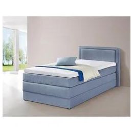 Boxspringbett Hapo, blau (hellblau), Liegefl&auml;che B/L: 100cm x 200cm, kein H&auml;rtegrad, Bonnell-Federkernmatratze, Kopfteil, seitliche Unterbox und Obermatratze sind mit pflegeleichtem Feinstrukturstoff in Leinenoptik (100% Polyester) bezogen;Die Oberseite der Unterfederung und die Ober- und Unterseite der Obermatratze sind jeweils mit einem rutschhemmenden Stoff aus 100% Polyester bespannt., Komplet