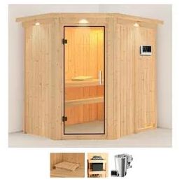 Sauna Karibu "Swantje", beige (naturbelassen), Bio-Kombiofen, externe Steuerung, 3,6 kW, Saunen, Ofen 3,6 kW Bio-Ofen externe Strg. easy