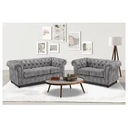 Sitzgruppe Home Affaire "Chesterfield", grau (hellgrau), H:74cm T:89cm, Sitzm&ouml;bel-Sets, hochwertige Knopfheftung, bestehend aus 2- und 3-Sitzer