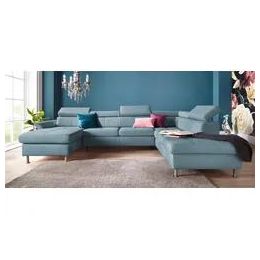Wohnlandschaft exxpo - SOFA FASHION "Maretto, bequem und komfortabel, viel Platz, Breite 330cm, U-Form", blau, B:330cm H:96cm T:230cm, Luxus-Microfaser Vintageoptik (100% Polyester);Webstoff, Sofas, Wohnlandschaft, inkl. Kopfteilverstellung f&uuml;r mehr Sitzkomfort, wahlweise Bettfunktion