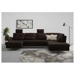 Wohnlandschaft Home Affaire "Palm Beach U-Form", braun (dunkelbraun), B:347cm H:89cm T:224cm, 100%Polyester, Sofas, Wohnlandschaft, Federkern, mit Sitztiefenverstellung, wahlweise mit Bettfunktion