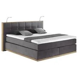 Boxspringbett Home Affaire "Vinton", grau (charcoal), B:220cm L:213cm, Komplettbetten, Boxspringbett, aus Eiche, mit LED-Beleuchtung, verschiedene H&auml;rtegrade (auch H4)