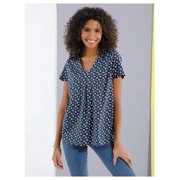 Druckbluse Classic Basics, Damen, Gr. 50, blau (marine, bedruckt), 100% Polyester, gemustert, mehrfarbig, V-Ausschnitt, Blusen Druckbluse, Topseller