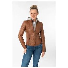 Lederjacke Mauritius "Junja", Damen, Gr. XL/42, braun (cognac), Obermaterial: 100% Schafsleder. Futter: 100% Baumwolle. Kapuze: 55% Baumwolle, 45% Polyester. &Auml;rmelfutter: 100% Polyester, sehr figurbetont kurz, mit Rei&szlig;verschluss, Jacken, mit abnehmbarem Kapuzen-Einsatz und aufwendigen Biker-Details