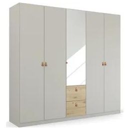 Dreht&uuml;renschrank Rauch "Kleiderschrank Schrank Garderobe Ankleide HOMEY BY QUADRA SPIN", grau (seidengrau, eiche artisan), B:226cm H:210cm T:54cm, Holzwerkstoff, Schr&auml;nke, Dreht&uuml;renschrank, mit cognacbraunen Ledergrifflaschen, Schubladen in Eichen-Dekor