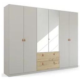 Dreht&uuml;renschrank Rauch "Kleiderschrank Schrank Garderobe Ankleide HOMEY BY QUADRA SPIN", grau (seidengrau, eiche artisan), B:271cm H:210cm T:54cm, Holzwerkstoff, Schr&auml;nke, Dreht&uuml;renschrank, mit cognacbraunen Ledergrifflaschen, Schubladen in Eichen-Dekor