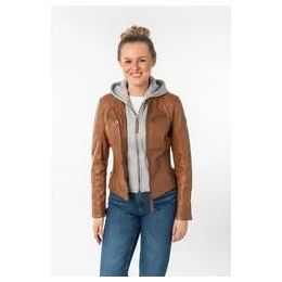 Lederjacke Mauritius "NOLA", Damen, Gr. XL/42, braun (cognac), Obermaterial: 100% Schafsleder. Futter: 100% Baumwolle. Kapuze: 55% Polyester, 45% Baumwolle. &Auml;rmelfutter: 100% Polyester, kontrastfarbene Details, sehr figurbetont kurz, Rundhals, 2-Naht-&Auml;rmel mit Rei&szlig;verschluss, Jacken, Two-in-One Style - mit abnehmbarer Jersey-Kapuze