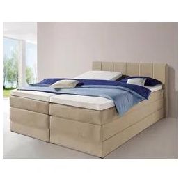 Boxspringbett Hapo, beige, Liegefl&auml;che B/L: 160cm x 200cm, kein H&auml;rtegrad, Bonnell-Federkernmatratze, Kopfteil, seitliche Unterbox und Obermatratze sind mit pflegeleichtem Feinstrukturstoff in Leinenoptik (100% Polyester) bezogen;Die Oberseite der Unterfederung und die Ober- und Unterseite der Obermatratze sind jeweils mit einem rutschhemmenden Stoff aus 100% Polyester bespannt., Komplettbetten, B