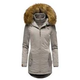 Wintermantel Marikoo "Sanakoo", Damen, Gr. XL (42), grau (hellgrau), Oberstoff: 100% Polyester. Futter: 100% Polyester. Wattierung: 100% Polyester. &Auml;rmelfutter: 100% Polyester. Kunstpelz: 90% Polyacryl, 10% Polyester, tailliert Po-bedeckend, &Auml;rmel ohne &Auml;rmelschlitz Rippstrickb&uuml;ndchen, M&auml;ntel Wintermantel, schicker Damen Kurzmantel mit Kunstfellkapuze