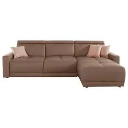 Ecksofa DOMO collection "Ava mit moderner Sitzheftung & toller Doppelnaht, komfortabel, L-Form", braun (espresso), B:262cm H:84cm T:167cm, Kunstleder SOFTLUX;Struktur fein (100% Polyester);Zierkissen: Microfaser PRIMABELLE (100% Polyester);Struktur (100% Polyester);Microfaser PRIMABELLE (100% Polyester), Sofas, Ecksofa, mit Recamiere, inkl. Federkern, wahlweise mit Kopfteilverstellungen