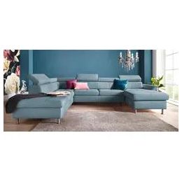 Wohnlandschaft exxpo - SOFA FASHION "Maretto, bequem und komfortabel, viel Platz, Breite 330cm, U-Form", blau, B:330cm H:96cm T:230cm, Luxus-Microfaser Vintageoptik (100% Polyester);Webstoff, Sofas, Wohnlandschaft, inkl. Kopfteilverstellung f&uuml;r mehr Sitzkomfort, wahlweise Bettfunktion