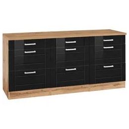 Unterschrank KOCHSTATION "KS-Tinnum", schwarz, B:180cm H:85cm T:60cm, Holzwerkstoff, Schr&auml;nke, Unterschrank, 180 cm breit, Metallgriffe, MDF Fronten, mit 3 Schubk&auml;sten, 6 Ausz&uuml;ge