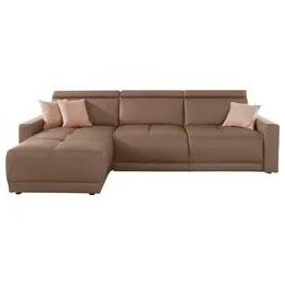 Ecksofa DOMO collection "Ava mit moderner Sitzheftung & toller Doppelnaht, komfortabel, L-Form", braun (espresso), B:262cm H:84cm T:167cm, Kunstleder SOFTLUX;Struktur fein (100% Polyester);Zierkissen: Microfaser PRIMABELLE (100% Polyester);Struktur (100% Polyester);Microfaser PRIMABELLE (100% Polyester), Sofas, Ecksofa, mit Recamiere, inkl. Federkern, wahlweise mit Kopfteilverstellungen