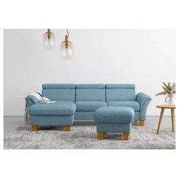 Ecksofa Home Affaire "Lindgren L-Form", blau (eisblau), B:258cm H:84cm T:169cm, 100% Polyester, Sofas, Ecksofa, wahlweise mit Bett mit klappbaren Rollen, Kasten und Kopfverstellung