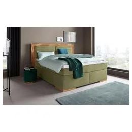 Boxspringbett Home Affaire "Cup", gr&uuml;n (olive), B:210cm L:206cm, Bezug: Luxus-Microfaser (100% Polyester);Bezug: Microfaser (100% Polyester), Komplettbetten, Boxspringbett, mit LED-Beleuchtung, Massivholzrahmen und Topper, in 2 H&auml;rtegraden