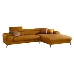 Ecksofa W.Schillig "Piedroo, Designsofa mit tollem Sitzkomfort, elegant und bequem, L-Form", gelb (brandy s37), B:303cm H:70cm T:193cm, Stoff S37 (100% Polyester): Luxus-Microfaser in Lederoptik, Sofas, Ecksofa, Kopfteilverstellung, wahlweise mit Sitztiefenverstellung, Breite 303cm