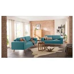3-Sitzer Home Affaire "Lasse", blau (petrol), B:239cm H:84cm T:89cm, Struktur fein( 100% Polyester);Filzoptik (100% Polyester);Luxus-Microfaser (100% Polyester), Sofas, im scandinavischem Stil mit Holzf&uuml;&szlig;en