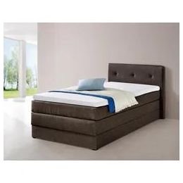 Boxspringbett Hapo, braun, Liegefl&auml;che B/L: 100cm x 200cm, kein H&auml;rtegrad, 7-Zonen-Tonnentaschen-Federkernmatratze, Kopfteil, seitliche Unterbox und Obermatratze sind mit pflegeleichtem Feinstrukturstoff in Leinenoptik (100% Polyester) bezogen;Die Oberseite der Unterfederung und die Ober- und Unterseite der Obermatratze sind jeweils mit einem rutschhemmenden Stoff aus 100% Polyester bespannt., Kom