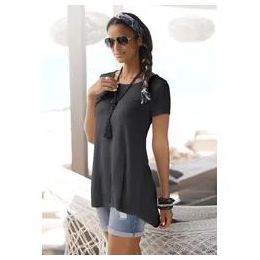 T-Shirt Lascana, Damen, Gr. 44/46, schwarz, Jersey, Obermaterial: 100% Viskose, figurumspielend Po-bedeckend, Rundhals, Shirts T-Shirt, mit verl&auml;ngertem R&uuml;ckenteil, Kurzarmshirt, Longshirt, Basic, Topseller