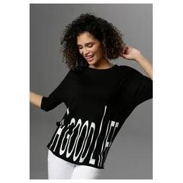 3/4-Arm-Shirt Aniston SELECTED, Damen, Gr. 40, schwarz-wei&szlig; (schwarz, wei&szlig;), Single Jersey, Obermaterial: 95% Viskose, 5% Elasthan, bedruckt, oversize h&uuml;ftbedeckend, Rundhals, Shirts 3/4-Arm-Shirt, mit Statement-Spruch, Topseller