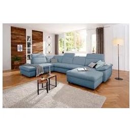 Wohnlandschaft Home Affaire "Mauritius U-Form", blau (hellblau), B:354cm T:232cm, Struktur fein (100% Polyester);Luxus-Microfaser Lederoptik (100% Polyester);Soft clean (98% Polyester, 2% Polyamid), Sofas, Wohnlandschaft, mit Kopfteil- und Armlehnverstellung, wahlweise mit Bettfunktion
