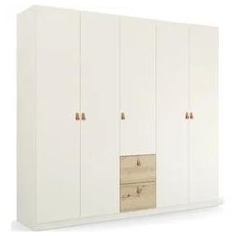 Dreht&uuml;renschrank Rauch "Kleiderschrank Schrank Garderobe Ankleide HOMEY BY QUADRA SPIN", wei&szlig; (alpinwei&szlig;, eiche artisan), B:226cm H:210cm T:54cm, Holzwerkstoff, Schr&auml;nke, Dreht&uuml;renschrank, mit cognacbraunen Ledergrifflaschen, Schubladen in Eichen-Dekor