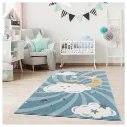 Kinderteppich Carpet City "Anime9380", blau, B:160cm H:11mm L:230cm, Polypropylen (PP), Teppiche, Spielteppich, Teppich Mond, Wolken, Sterne, Weicher Flor
