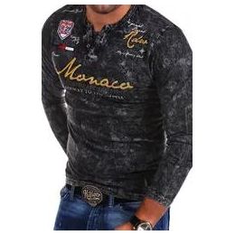 Langarmshirt behype "MONACO", Herren, Gr. M, schwarz, 100% Baumwolle, bedruckt, bestickt, Shirts Langarmshirt, mit angesagter Vintage-Waschung