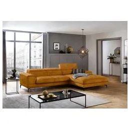 Ecksofa W.Schillig "piedroo, Designsofa mit tollem Sitzkomfort, L-Form", gelb (brandy s37), B:303cm H:70cm T:193cm, Stoff S37 (100% Polyester): Luxus-Microfaser in Lederoptik, Sofas, Ecksofa, Kopfteilverstellung, wahlweise mit Sitztiefenverstellung, Breite 303cm