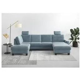 Wohnlandschaft Home Affaire "Summer U-Form", blau (blau, grau), B:314cm H:91cm T:170cm, 100% Polyester, Sofas, Wohnlandschaft, mit oder ohne Bettfunktion und Bettkasten, wengefarbene Holzf&uuml;&szlig;e
