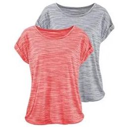 Beach Time Kurzarmshirt BEACHTIME "mit Struktureffekt", Damen, Gr. 32/34, orange (apricot, meliert, grau, meliert), Obermaterial: 85% Polyester, 15% Viskose, meliert, Basic, bequem, Rundhals, Umschlagsaum, Shirts, aus pflegeleichter Qualit&auml;t