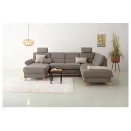 Wohnlandschaft Home Affaire "Westerland U-Form", braun (latte), B:303cm H:90cm T:213cm, 100% Polyester, Sofas, Wohnlandschaft, Federkern, wahlweise Bettfunktion, Stauraum und Armlehn-Verstellung
