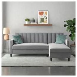 Ecksofa DOREL HOME "Celine, L-Form", grau, B:213cm H:83cm T:154cm, Veloursstoff 100% Polyester, Sofas, Ecksofa, mit Bett-Funktion und Stauraum. Recamiere beidseitig montierbar