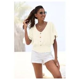 V-Shirt Lascana, Damen, Gr. 36/38, beige (creme), Jersey, Obermaterial: 98% Polyester, 2% Elasthan, unifarben, figurumspielend h&uuml;ftlang, V-Ausschnitt, Shirts, mit breitem Smoksaum und Kopfleiste, Blusenshirt, sommerlich