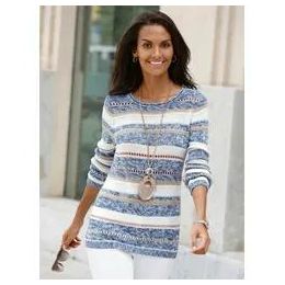 Strickpullover Casual Looks "Pullover", Damen, Gr. 54, blau (blau, ecru, gestreift), 54% Baumwolle, 46% Polyacryl, gemustert, gestreift, mehrfarbig, meliert, Pullover Strickpullover