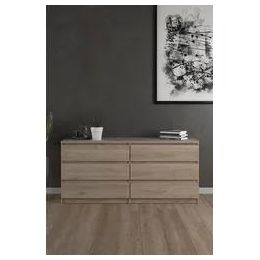 Kommode Inosign "Naia, Aufbewahrung, 6 Schubladen, Hochglanz-Optik, grifflose Front", braun (jackson hickory), B:153,8cm H:70,1cm T:50cm, Spanplatte, Sideboards, Kommode, Modern, skandinavisches Design, in mehrere Farben, Metallgleiter