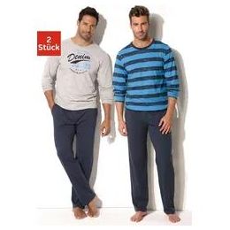 H.I.S. Pyjama H.I.S, Herren, Gr. 52/54 (L), blau (marine, grau, meliert, marine, aquablau), Jersey, Obermaterial: 100% Baumwolle, bedruckt, gestreift, Basic, lang, Rundhals, abgesteppte Kante, Homewear-Sets Pyjama, Schlafanzug mit unterschiedlichem Design