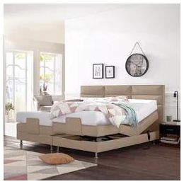 Boxbett, beige (dunkelbeige), B:214cm L:210cm, Box und Kopfteil: Feinstrukturstoff (77% Polyester und 23% Viskose);Bezug der Obermatratze: 100% Polyester, Westfalia Schlafkomfort, Komplettbetten, Boxspringbett, mit Motor in diversen Ausf&uuml;hrungen