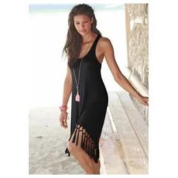 Beach Time Longshirt BEACHTIME, Damen, Gr. 32/34, schwarz, Jersey, Obermaterial: 95% Viskose, 5% Elasthan, unifarben, figurumspielend ca. Mitte Oberschenkel, Rundhals, Shirts Longshirt, mit Fransen, Shirtkleid, Strandkleid
