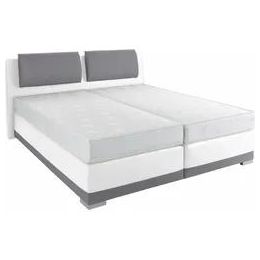 Boxspringbett Maintal, grau (grau, wei&szlig;), B:192cm L:212cm, Strukturstoff-Bezug 100% Polyester;Kunstleder 100% PU;Bezug der Spiegelfl&auml;che Matratzendrell aus 100% Polyester, Komplettbetten, Boxspringbett, verstellbare Kopfst&uuml;tze
