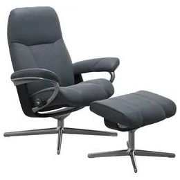 Relaxsessel stressless "Consul", blau (atlantic blau batick), B:91cm H:102cm T:79cm, Leder BATICK: BATICK ist ein leicht korrigiertes, durchgef&auml;rbtes und genarbtes M&ouml;belleder, bei dem die meisten Unebenheiten und Spuren in der Regel entfernt wurden., Sessel, Relaxsessel, mit Hocker, mit Cross Base, Gr&ouml;&szlig;e S, M & L, Holzakzent Schwarz