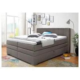 Boxspringbett Home Affaire "Airdrie", grau (elephant), B:200cm L:210cm, Kunstleder, Kunststoff, Massivholz, Komplettbetten, Boxspringbett, inkl. Bettkasten und Topper