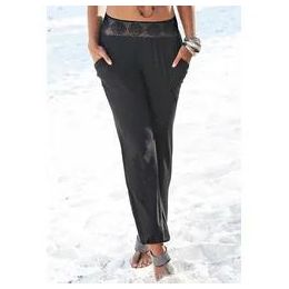 Strandhose Lascana, Damen, Gr. 36, N-Gr, schwarz, Obermaterial: 95% Viskose, 5% Elasthan. Spitze am Bund: 90% Baumwolle, 10% Elasthan, unifarben, bodenlang, Hosen Strandhose, mit H&auml;kelbund und Taschen, Jerseyhose, elastisch, bequem