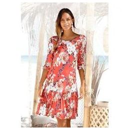 Jerseykleid s.Oliver, Damen, Gr. 44, N-Gr, orange (koralle, bedruckt), Jersey, Obermaterial: 100% Viskose, figurumspielend knielang, Rundhals, Kleider Jerseykleid, mit Blumenprint und Volantrock, 3/4-&Auml;rmel, Sommerkleid, Strandkleid