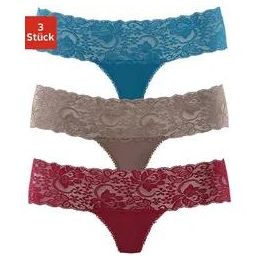 String Vivance, Damen, Gr. 32/34, bunt (petrol, taupe, bordeaux), Single Jersey, Obermaterial: 95% Baumwolle, 5% Elasthan. Spitze: 93% Polyamid, 7% Elasthan (LYCRA), unifarben, bequem, Unterhosen String, aus elastischer Baumwolle mit floraler Spitze