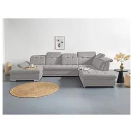 Wohnlandschaft COTTA "Holiday U-Form mit Sitztiefen-, Armteil- und Kopfteilverstellung", grau (stone), B:386cm H:86cm T:265cm, 100% Polyester, Sofas, Wohnlandschaft, wahlweise mit Bettfunktion & Bettkasten