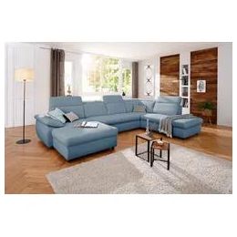Wohnlandschaft Home Affaire "Mauritius U-Form", blau (hellblau), B:354cm T:232cm, Struktur fein (100% Polyester);Luxus-Microfaser Lederoptik (100% Polyester);Soft clean (98% Polyester, 2% Polyamid), Sofas, Wohnlandschaft, mit Kopfteil- und Armlehnverstellung, wahlweise mit Bettfunktion